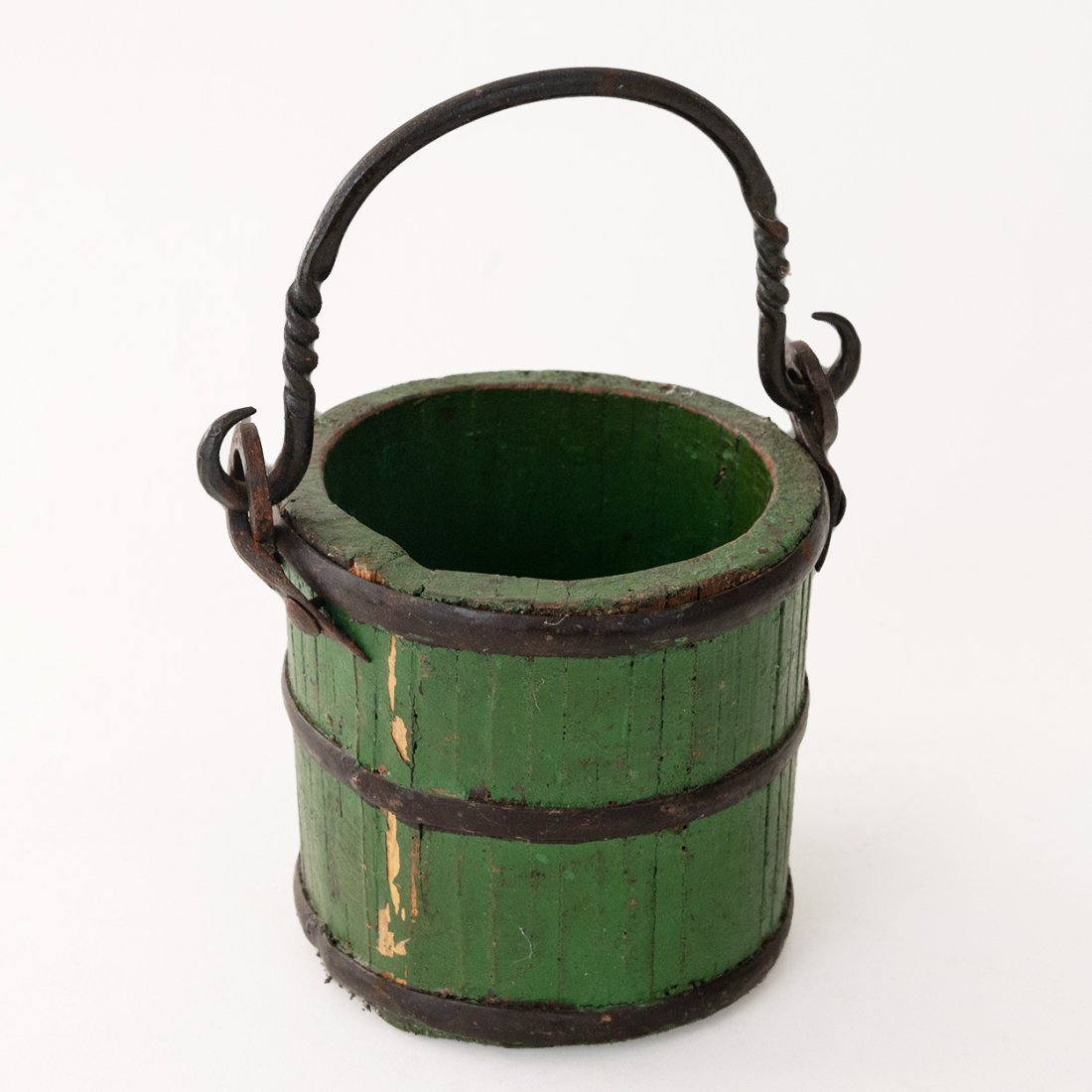 Primitive Small Wooden Berry Bucket With Forged Iron Handle