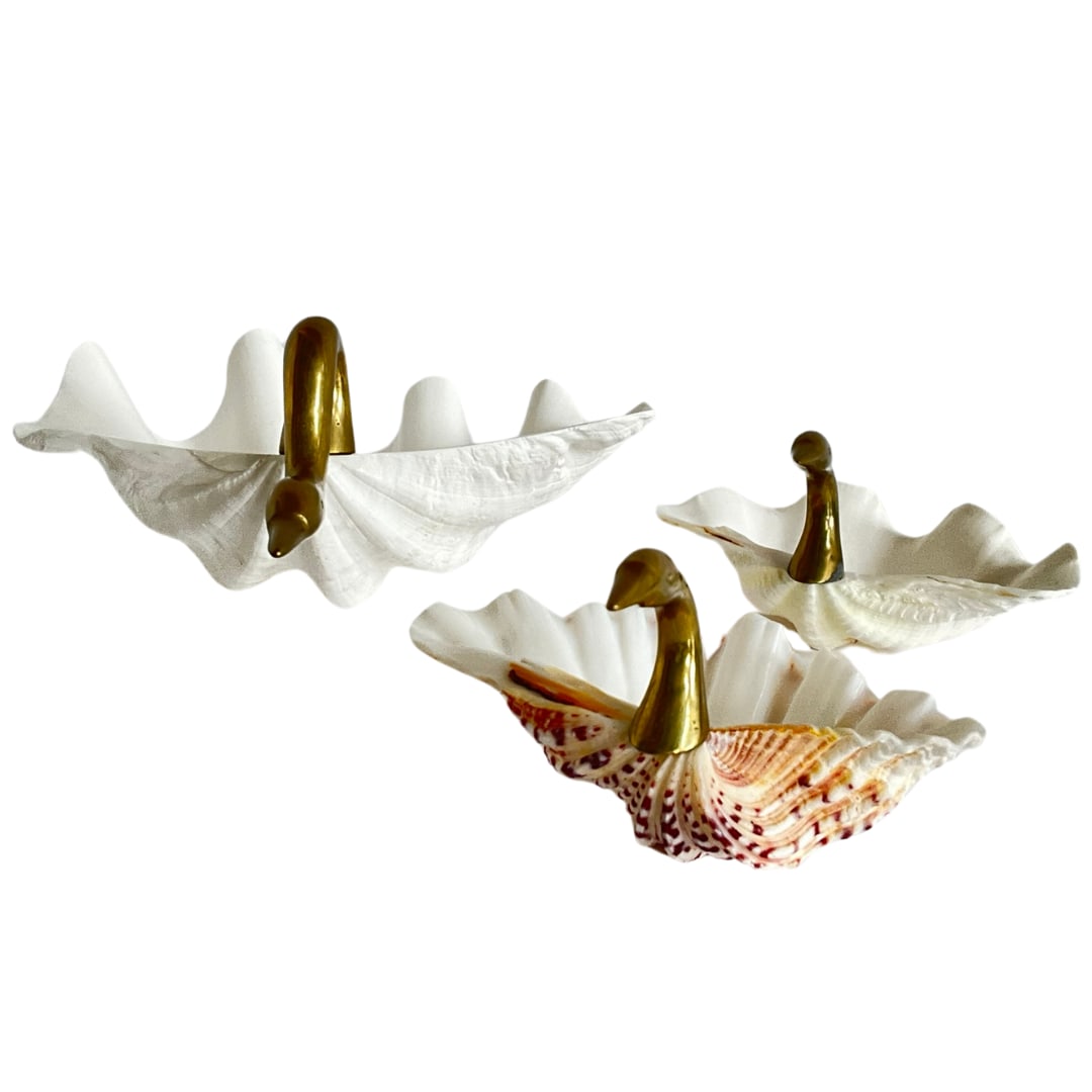 Three Vintage Decorative Shell Swan Bowls With Brass Heads Auction