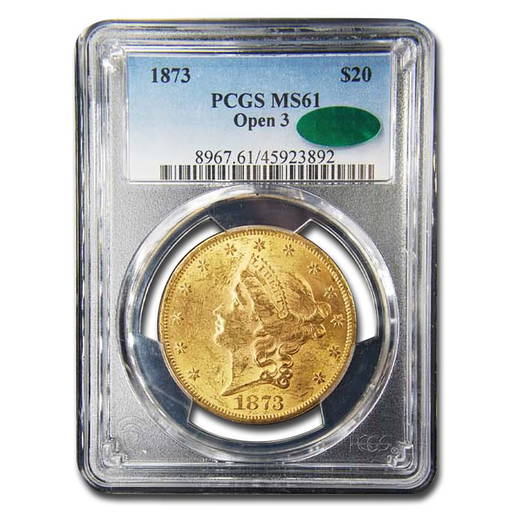 1873 $20 Liberty Gold Double Eagle Open 3 Ms 61 Pcgs Cac