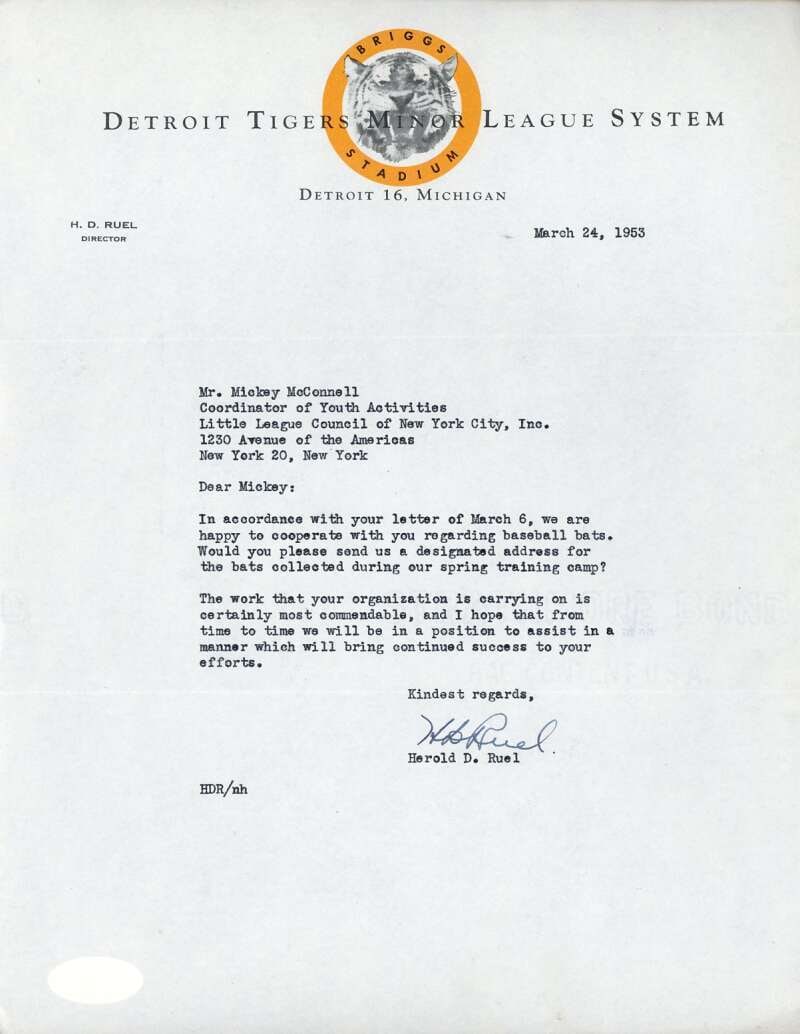 Harold D Muddy Ruel Jsa Cert Signed 1953 Detroit Tigers Letter ...