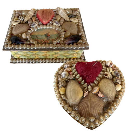 Pair Of Sailor's Valentines Victorian Era Shell Art Boxes