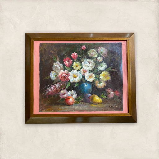 R. Wilcox, Flowers & Fruit. Framed Original Oil Painting, 28â€™ x 35â ...