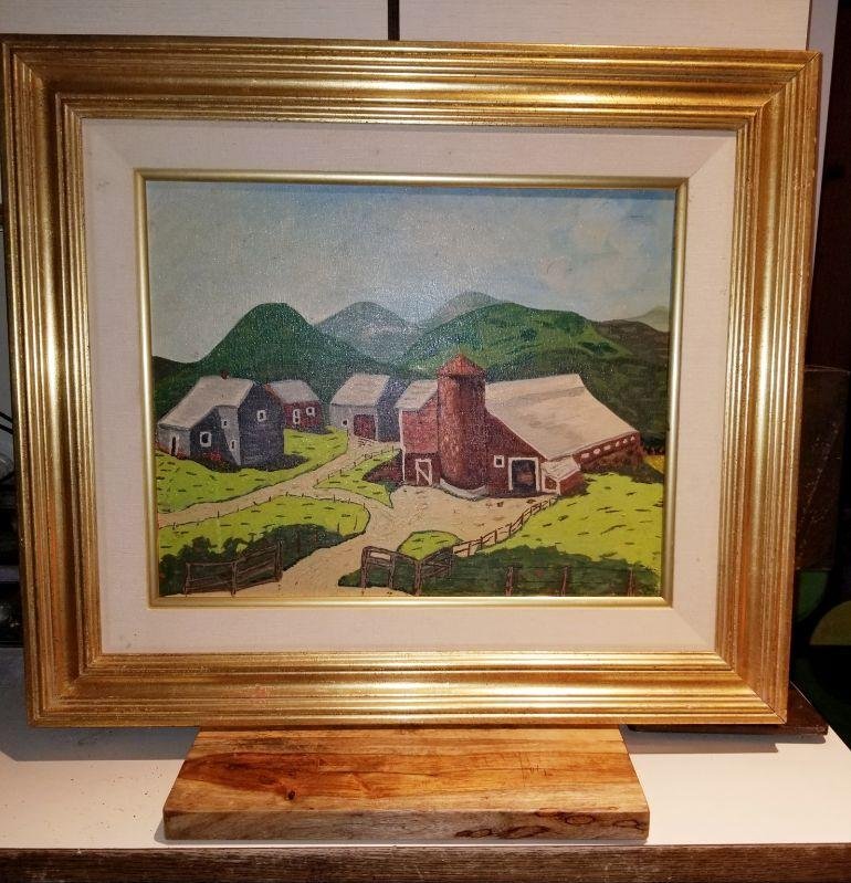C.W. Nichols Mid-Century Oil Painting w/ Minimalist Depiction of Farm ...