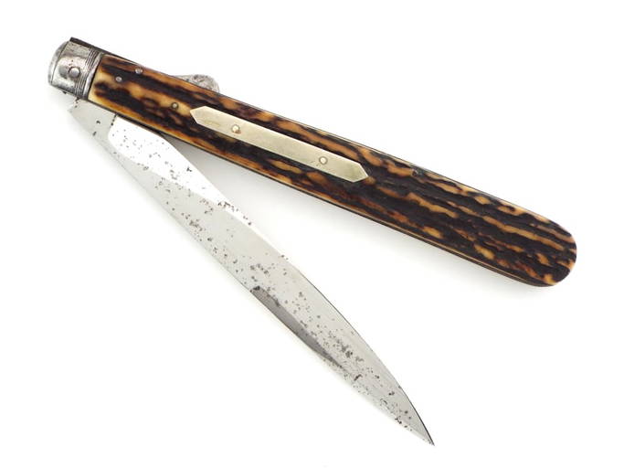 Large Antique American Civil War Era Folding Knife Dagger Stag Grips