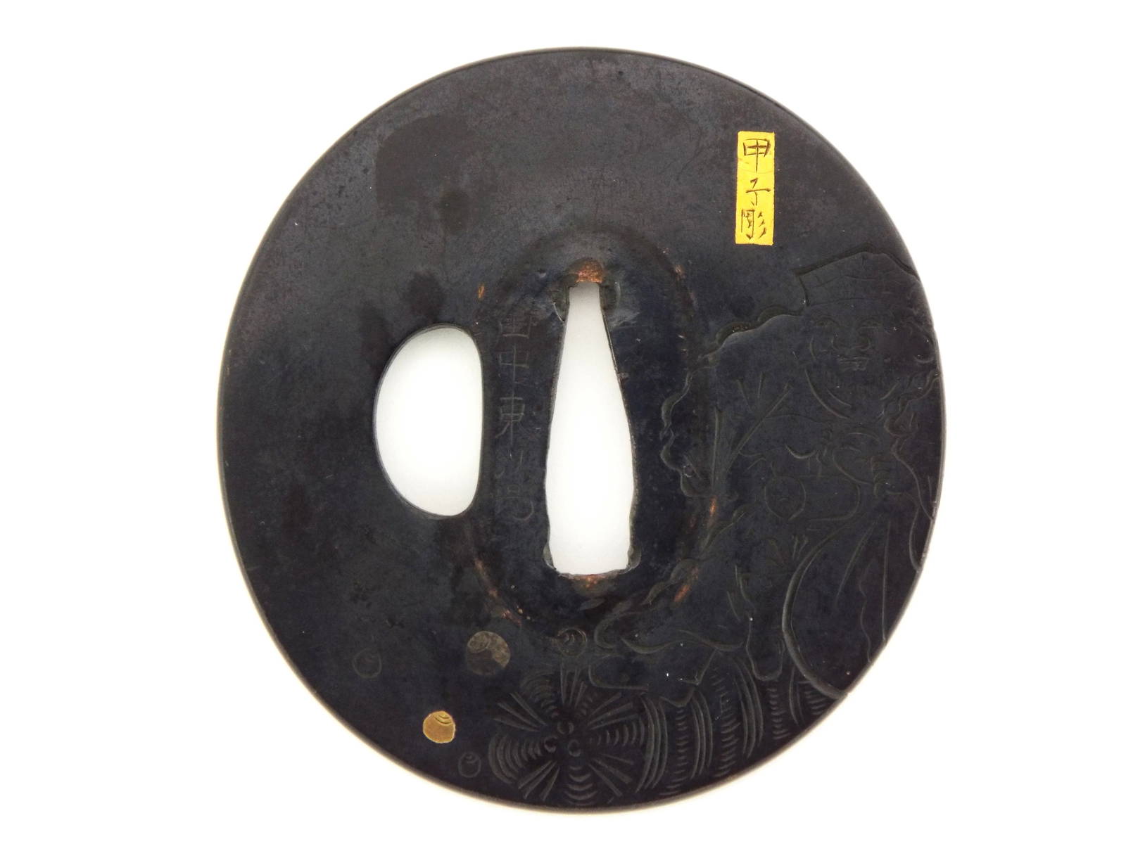 Antique Japanese Shakudo Samurai Katana Sword Tsuba With Gold Inlaid ...