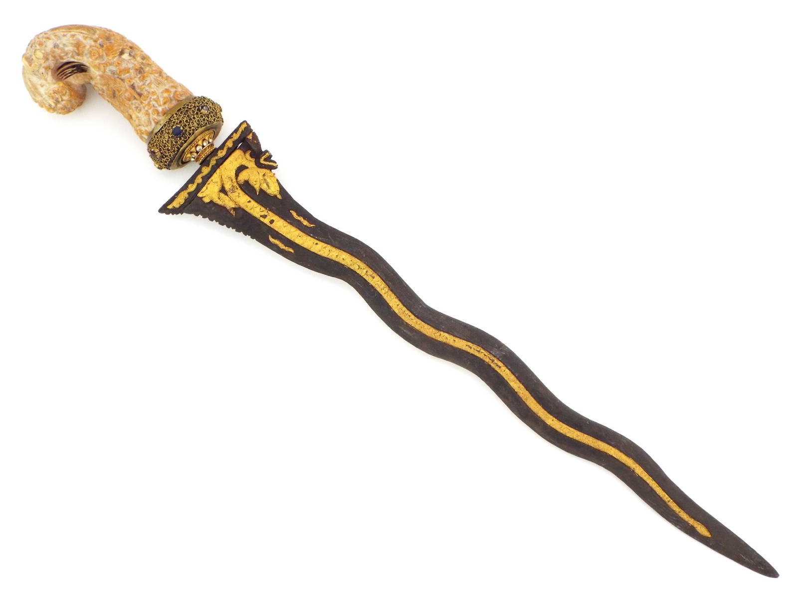 Fine Antique Indonesian Keris Dagger With Elaborate Carved Grip & Gold ...