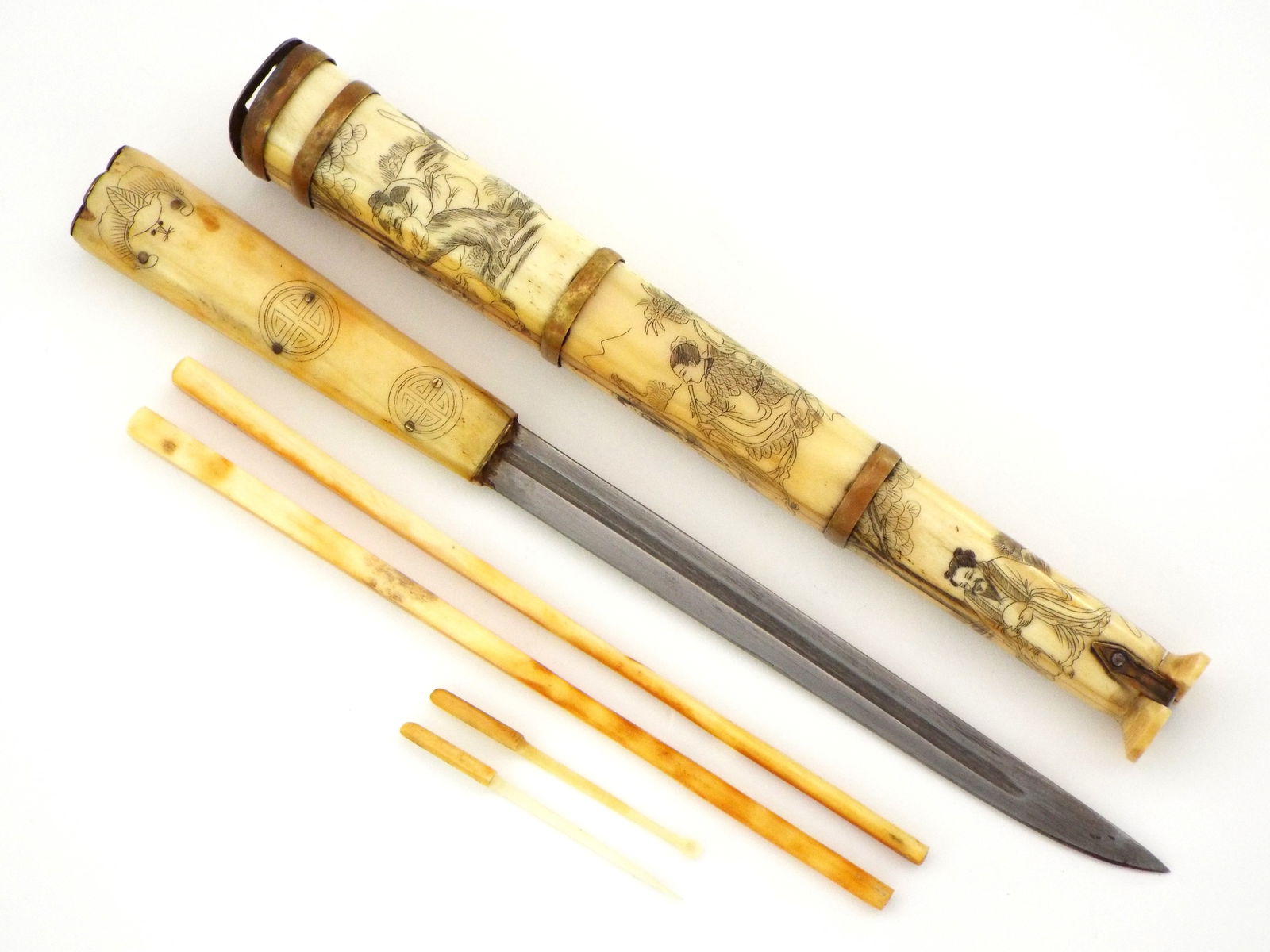 Antique Chinese Inlaid Traveling Trousse Knife Dagger & Chopsticks Set ...