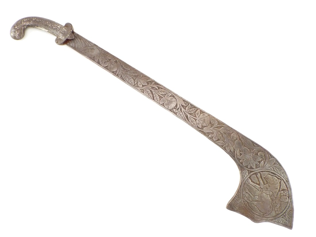 Large 19th C. Indian Nepalese Kora Sword With Chiseled Steel Blade And ...