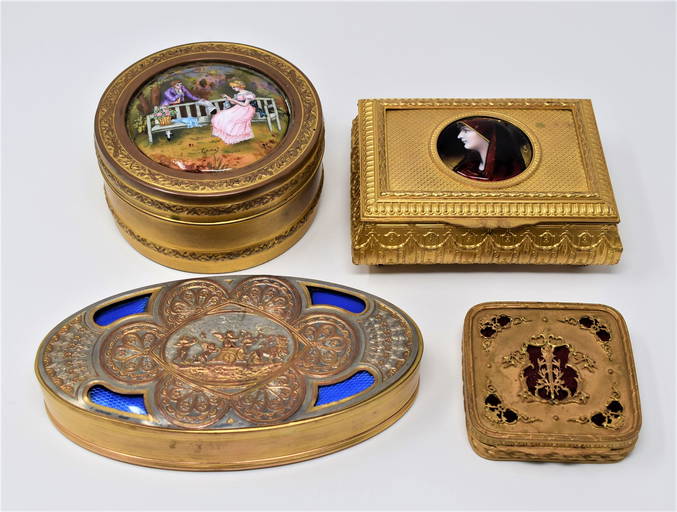 Grouping of four antique French gilt brass and enamel boxes (#0254) on ...