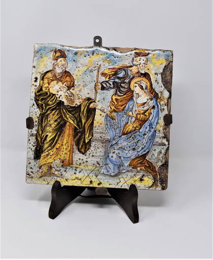 Italian Glazed Ceramic Tile, Holy Family And A Saint