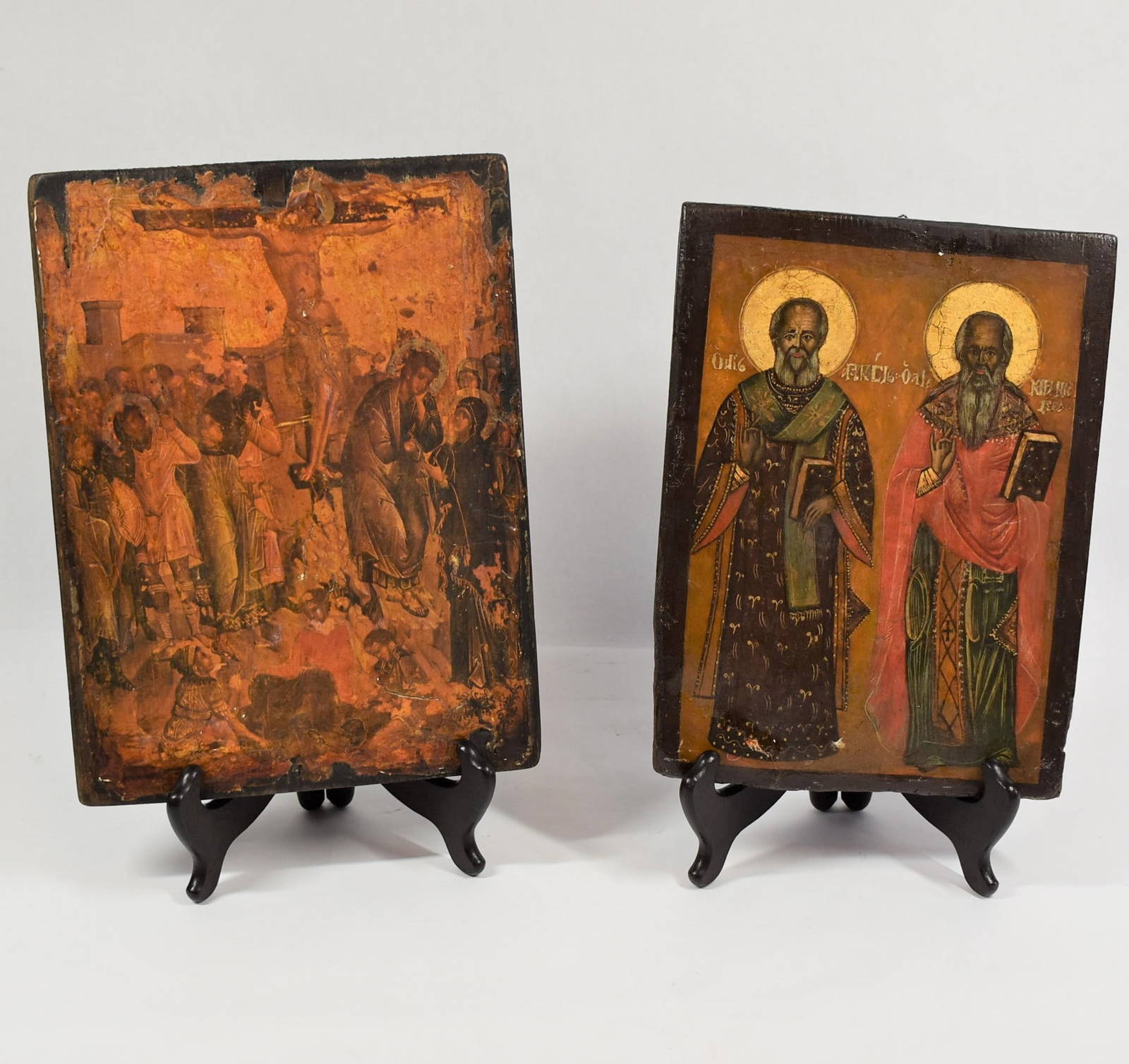 Two Antique Orthodox Icons: A Crucifixion And Saints Auction