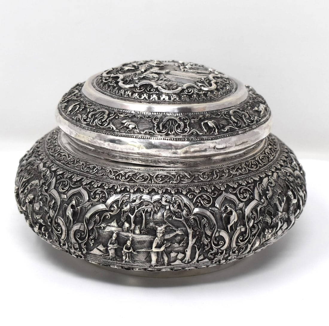 Antique Burmese Silver Box And Cover Auction