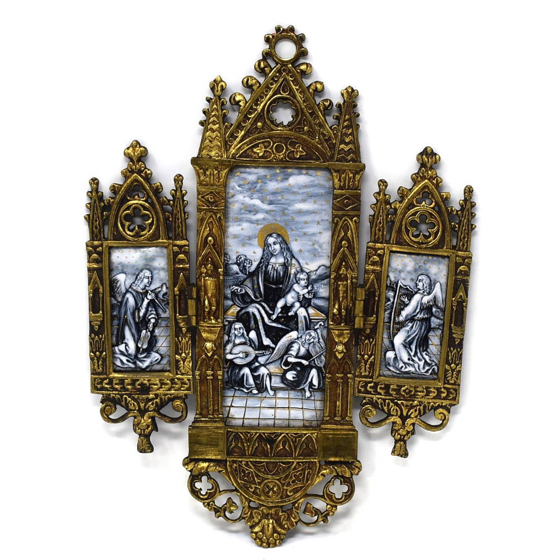 Antique Gothic Style Brass & Limoges Enamel Triptych Auction