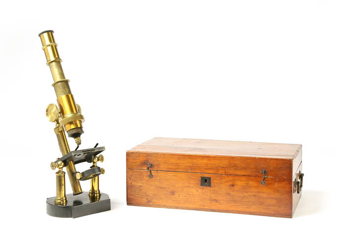 A Brass Double Pillar French Microscope, Ca 1880