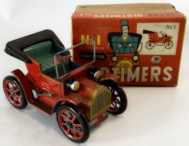 1950's Japan Old Timers Car #1 Wind Up Tin Toy & Box