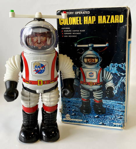 1960's Marx Nasa Colonel Hap Hazard Space Battery Operated Tin Robot & Box