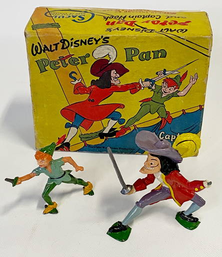 1950's Sacul Walt Disney Peter Pan & Captain Hook Cast Metal Toy & Box
