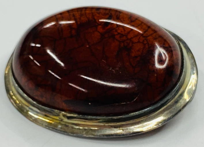 Antique Sterling Silver Oval Brooch Amber
