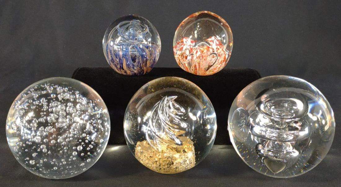 5 Blown Glass Spherical Art Paperweights