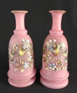 Pair Of Victorian Blown Glass Vases With Hand Pai