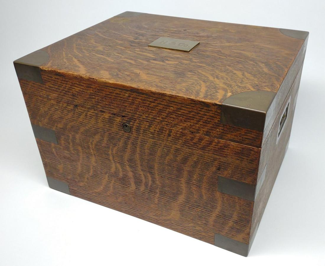Antique Tiger Oak & Brass Cigar Humidor