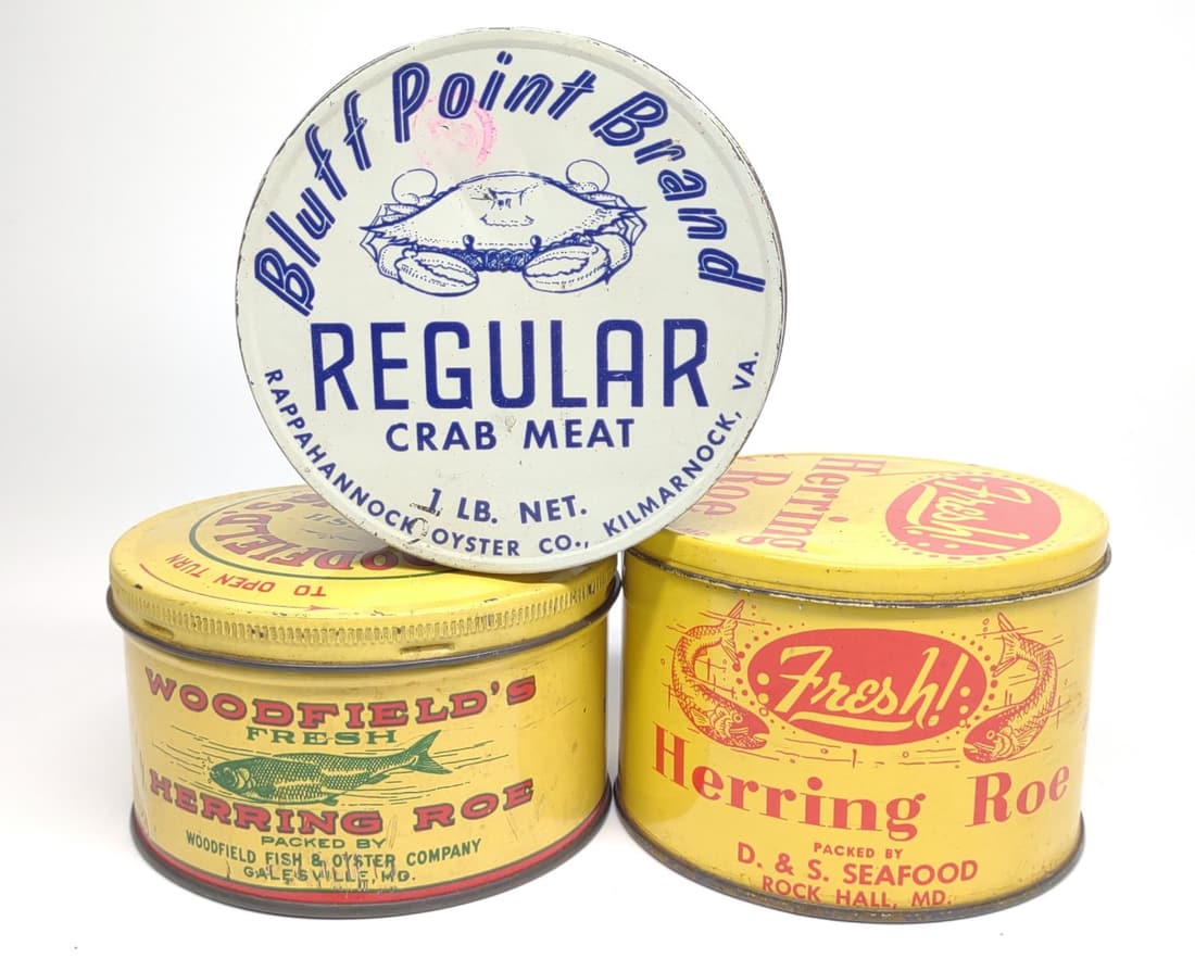 3 Crab & Herring Roe Tin Advertising Cans
