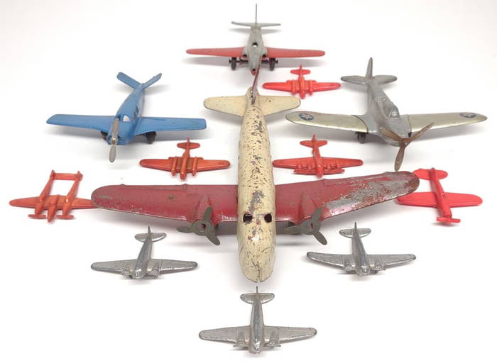 12 Vintage Pressed Steel & Plastic Toy Airplanes