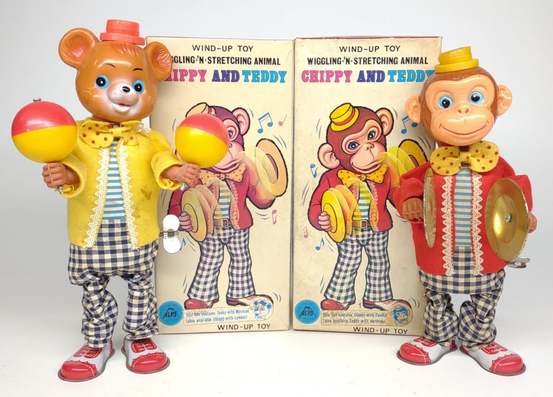 Alps Chippy & Teddy Wind Up Toys W/ Boxes