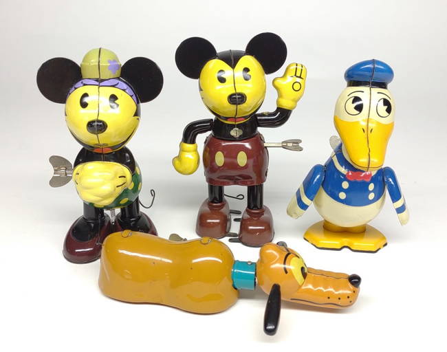 4 Retro Wind Up Mickey Mouse Tin Litho Toys