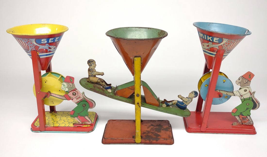 3 J Chein Tin Sand Toys (busy Mike & See Saw) Auction