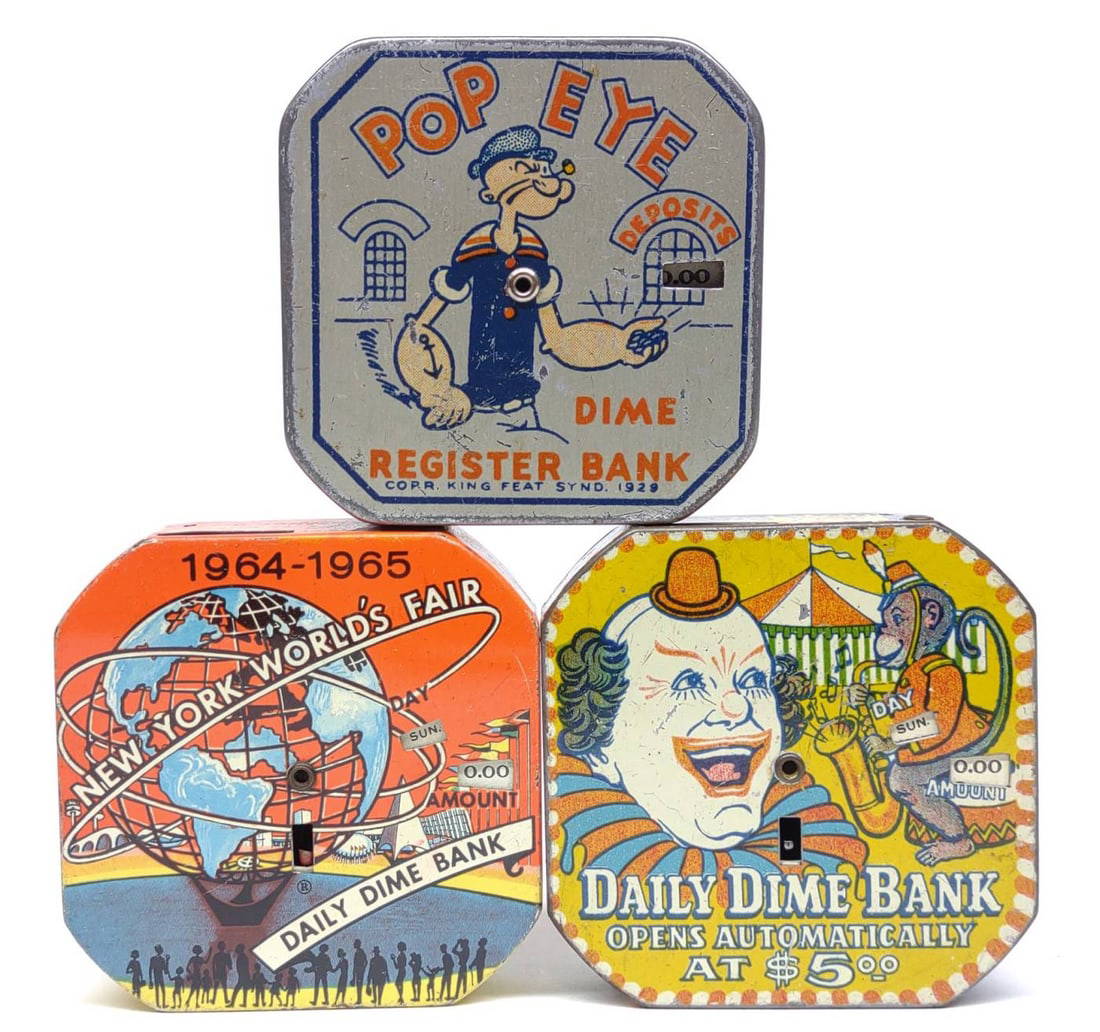 3 Daily Dime Banks (popeye, Worlds Fair & Circus) Auction