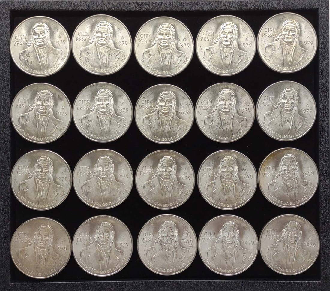 (20) 1979 72% Silver Cien (100) Pesos Coins Auction