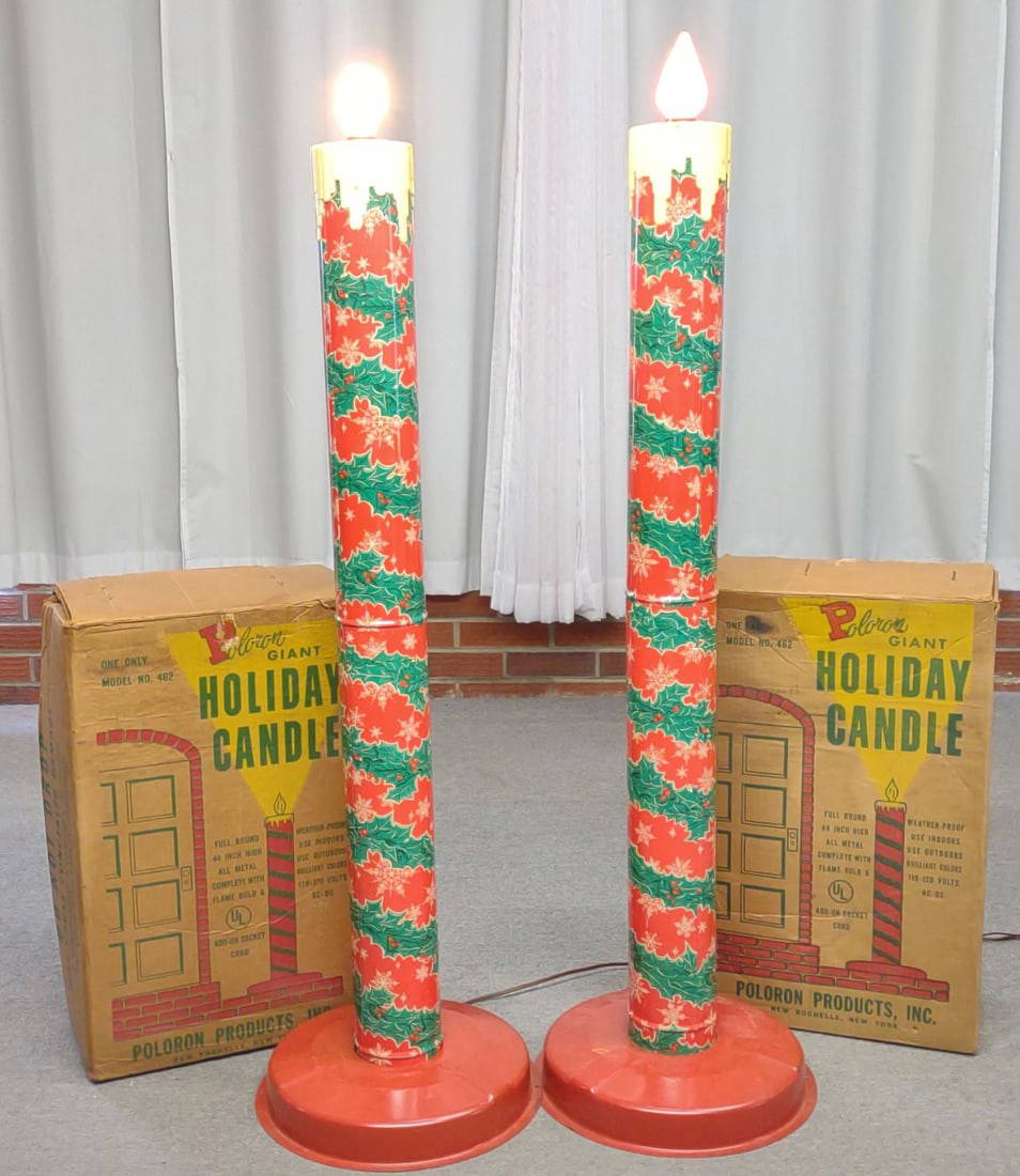 Pr Of Vintage Poloron Giant Holiday Candles W/ Box Auction