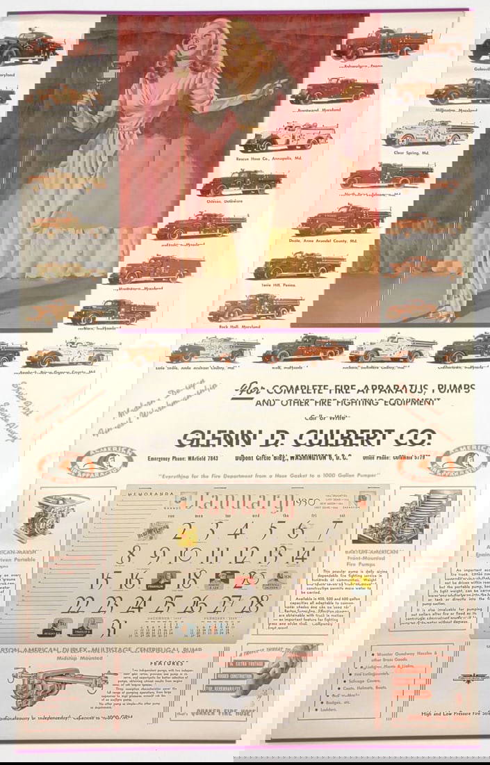 1950 Glenn Culbert Fire Co. Advertising Calendar Auction