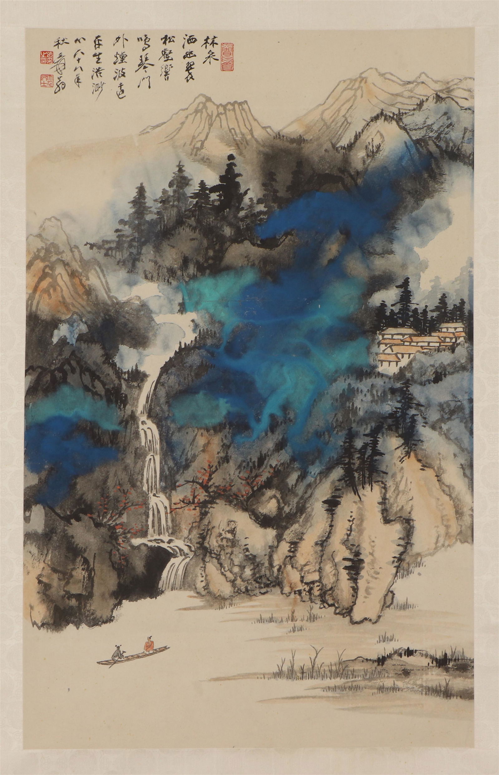 A CHINESE PAINTING OF BLUE AND GREEN SPLASH LANDSCAPE SIGNED ZHANG ...