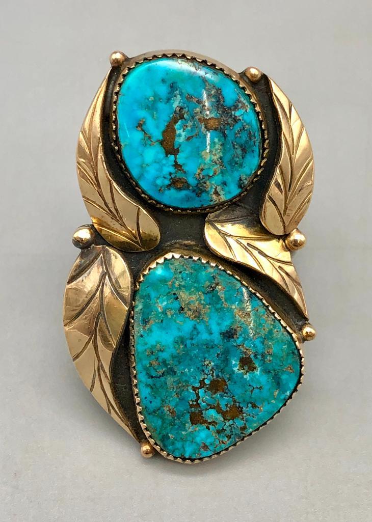 Nice Large Two Stone Sterling Silver & Gold Overlay Ring