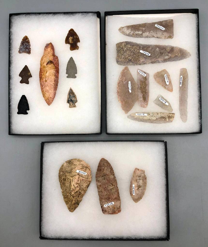 Three Framed Displays Of Miscellaneous Arrowheads Auction