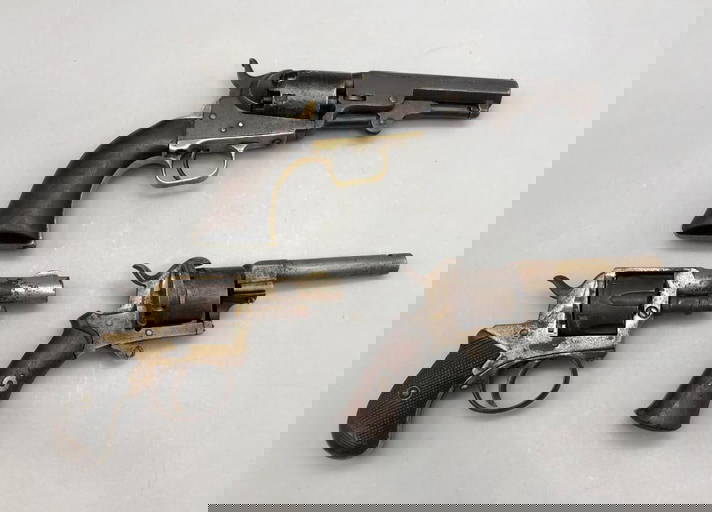 Three Antique Pistols Lefaucheux Pinfire, British Bulldog, And Colt ...