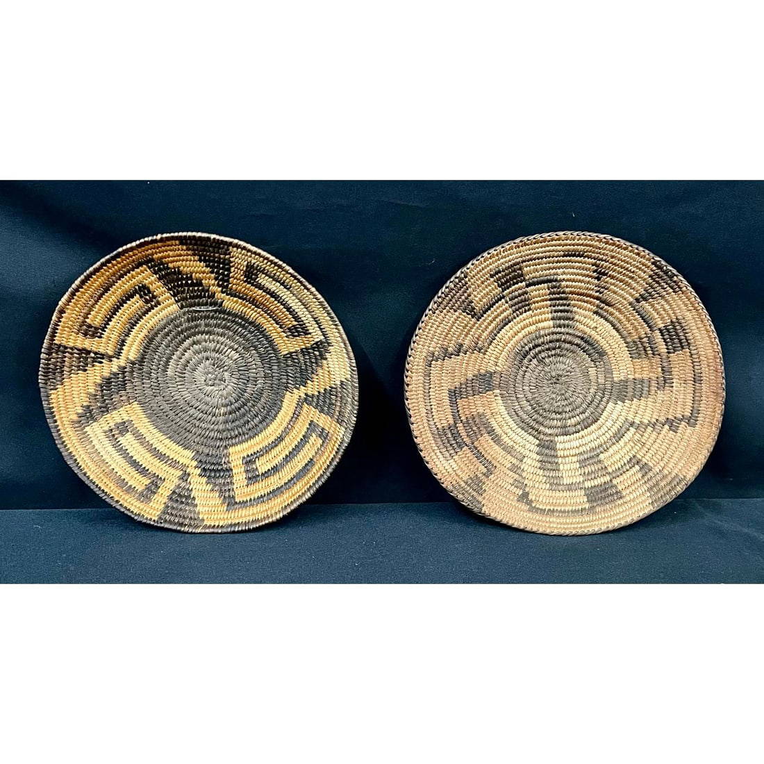 Two Antique Pima Baskets In Whirling Logs And Fret Designs Auction