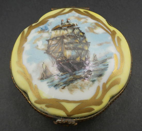 Vintage Limoges Brass Mounted Porcelain Sailing Ship Trinket Box