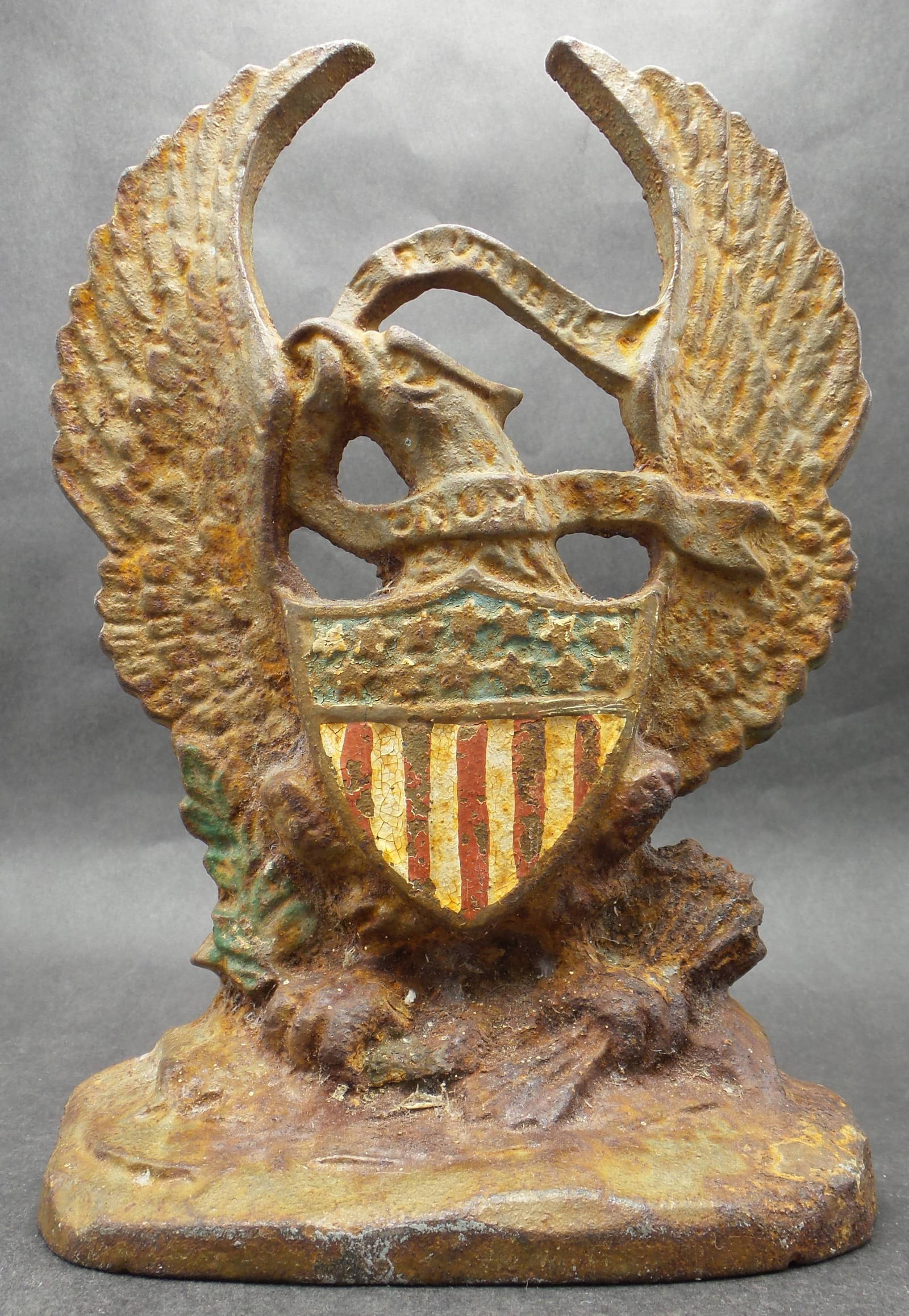 Rare Antique Hand Painted Cast Iron Eagle & Us Flag Doorstop Auction