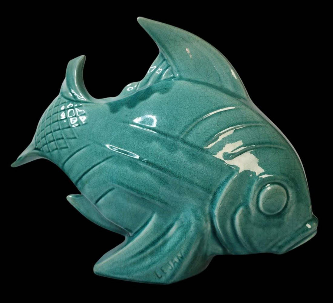 Rare 1920s Art Deco Lejan France Turquoise Crackle Glaze Ceramic Fish ...