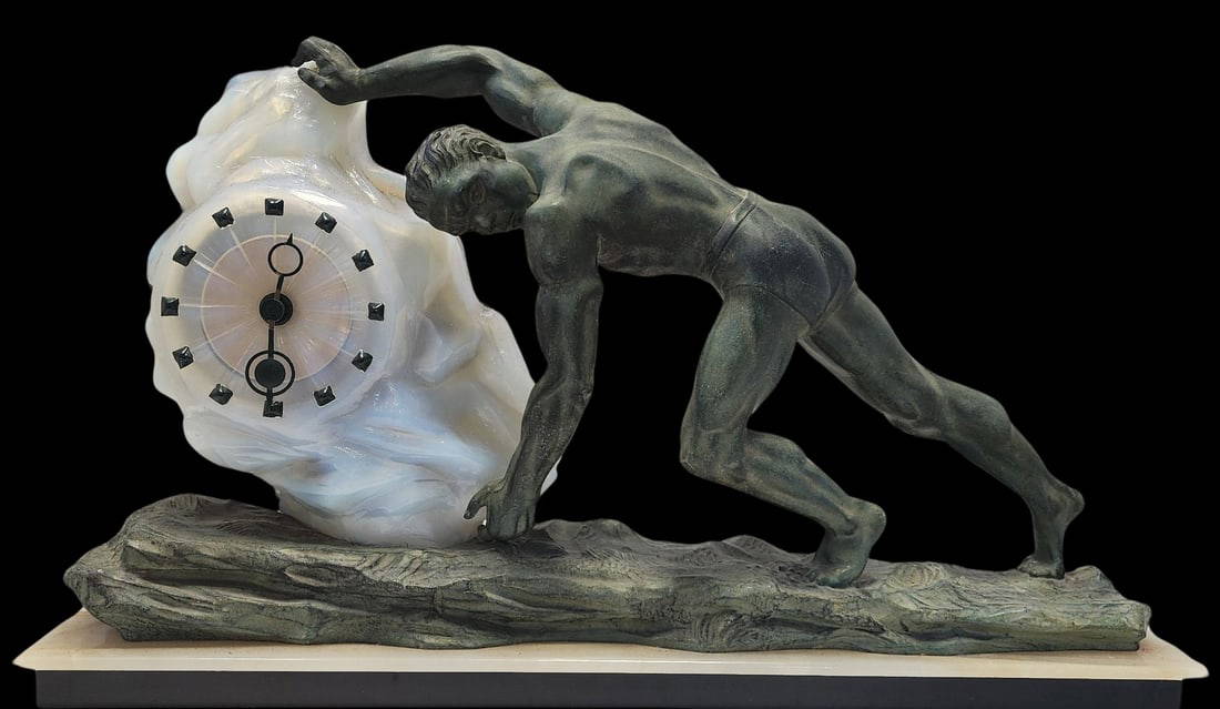 Art Deco Cast Metal And Molded Glass Sisyphus Figural Clock After Max ...