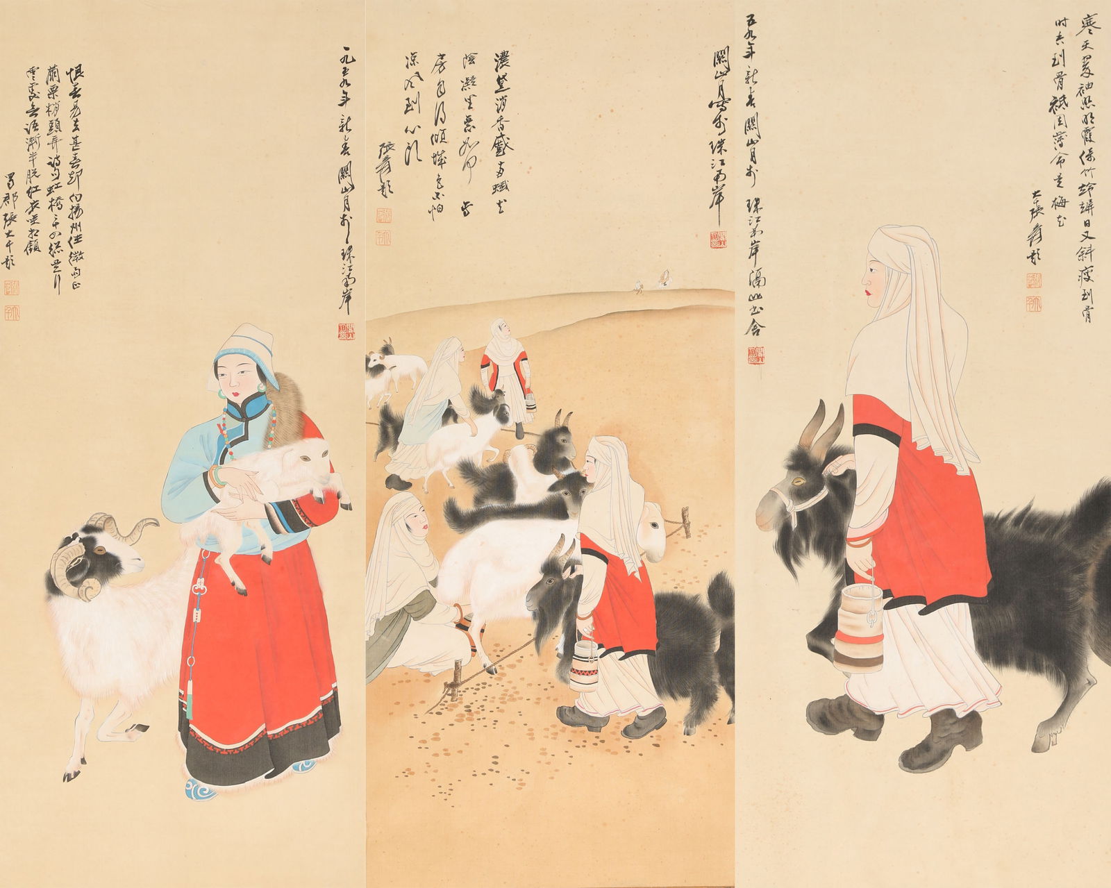 A Silk Paintings Of Figures By Zhang Daqian (3 Works).张大千 Auction