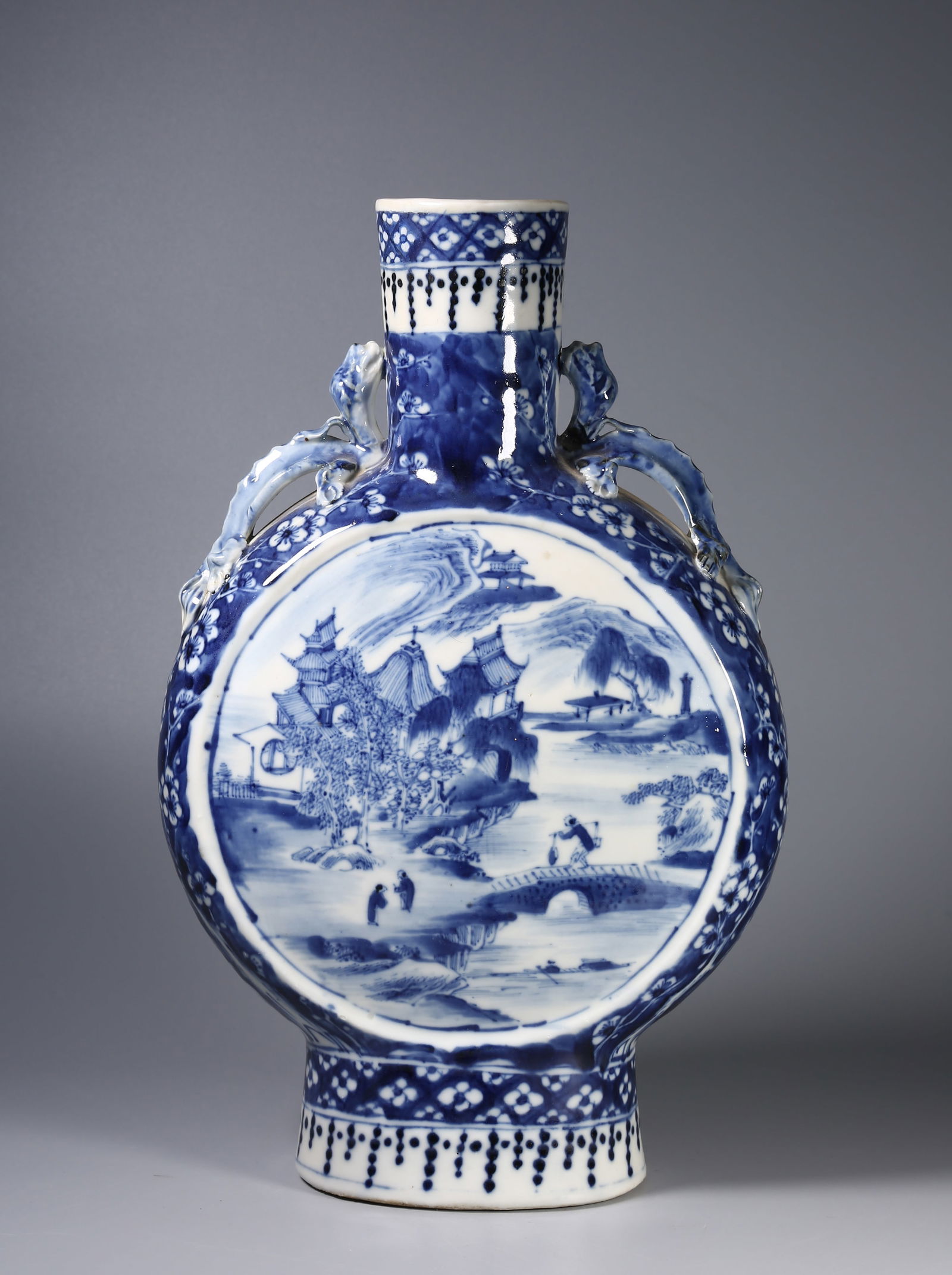 A Blue And White Landscape Pattern Flat Bottle With Chi-shaped Handles ...
