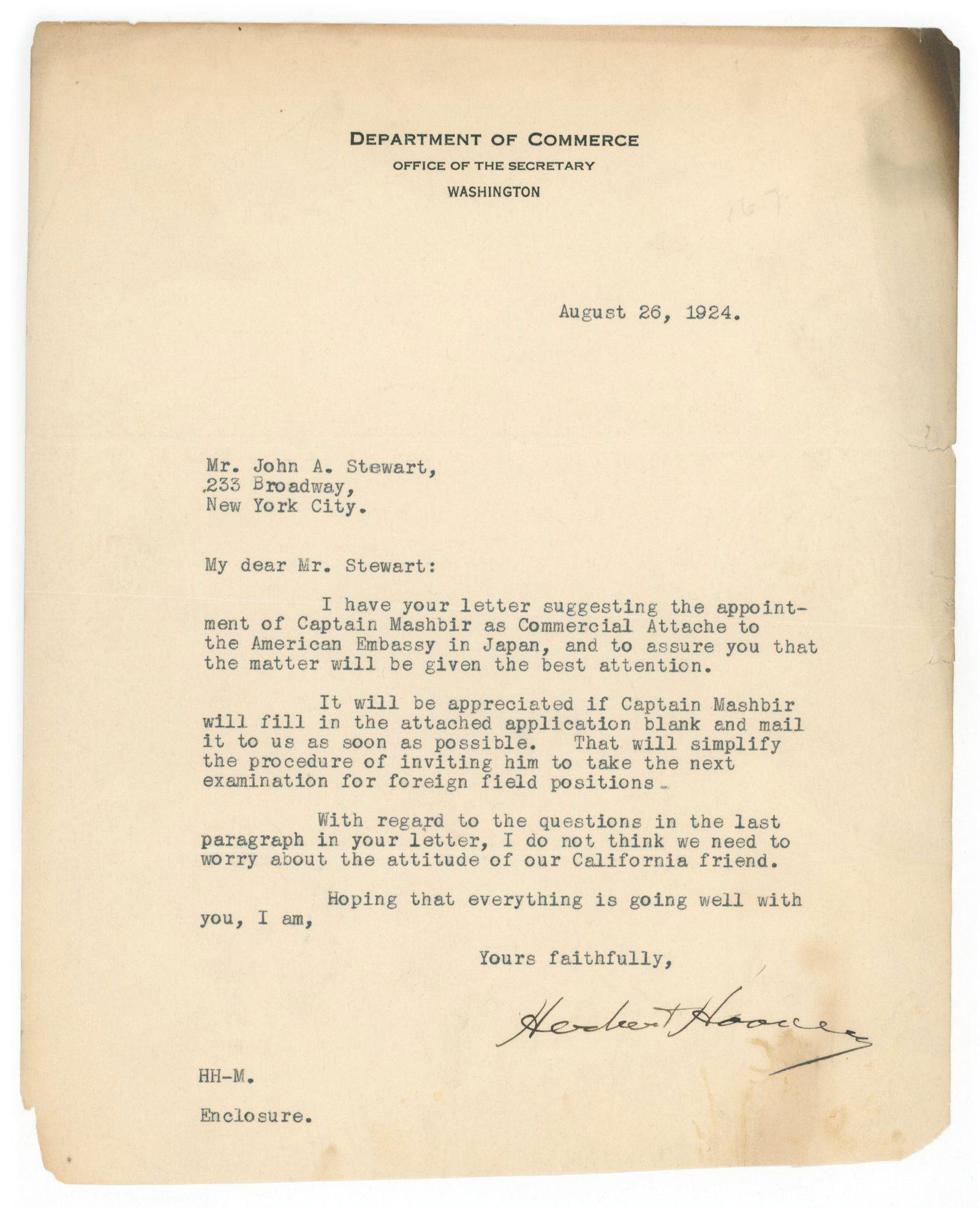 Herbert Hoover Autographed Letter From August 26, 1924 On Department Of ...