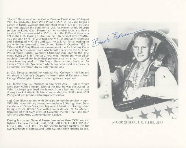 Frederick C. Blesse U.s. Air Force Flying Ace: Korean War Autographed 8 X 10" Ace Bio Sheet