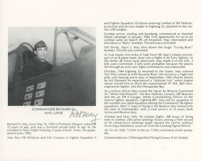 Richard May U.s. Navy Fighter Ace: Korean War Autographed 8 X 10" Ace ...