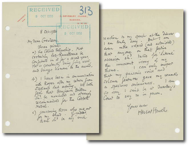 Herbert Howells English Composer Autographed Letter (als), 1950