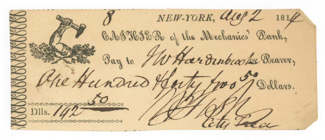 Nicholas Fish American Revolutionary War Soldier Autographed Check, 1814